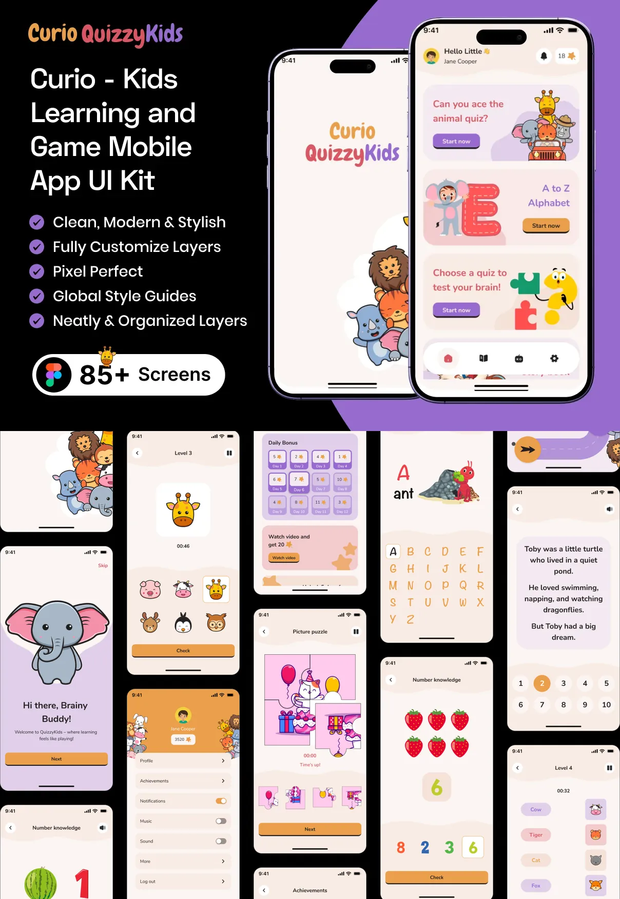 Curio - Kids Learning Game Mobile App UI Kit Figma Resources on UI8 - Mansknow - UI Design Resources