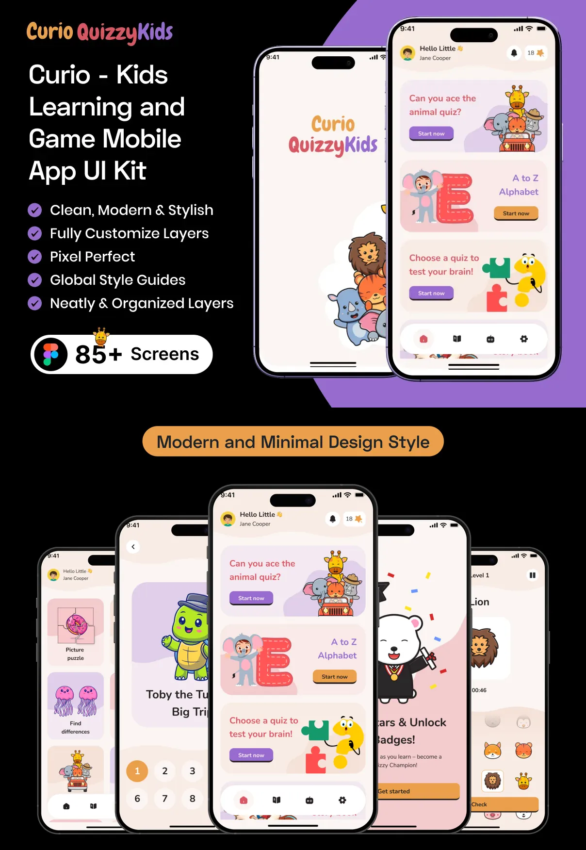 Curio - Kids Learning Game Mobile App UI Kit Figma Resources on UI8 - Mansknow - UI Design Resources