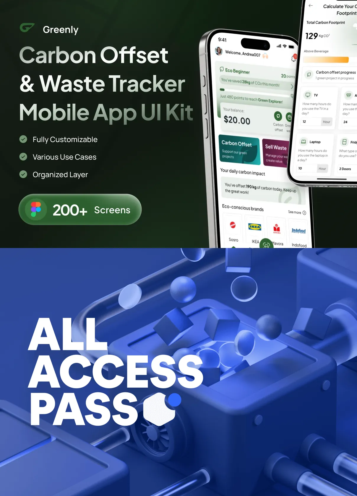 Greenly - Carbon Offset Waste TrackerMobile App UI Kit Figma Resources on UI8 - Mansknow - UI ...