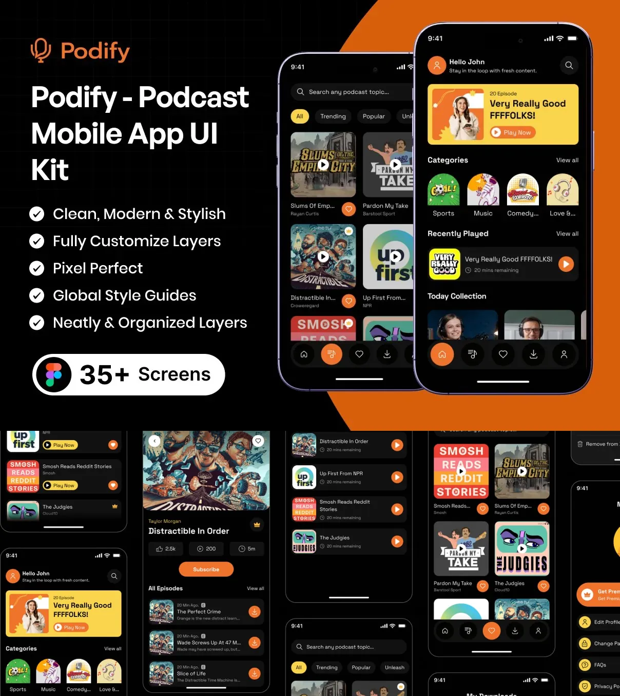 Podify - Podcast Mobile App UI Kit Figma Resources on UI8 - Mansknow - UI Design Resources