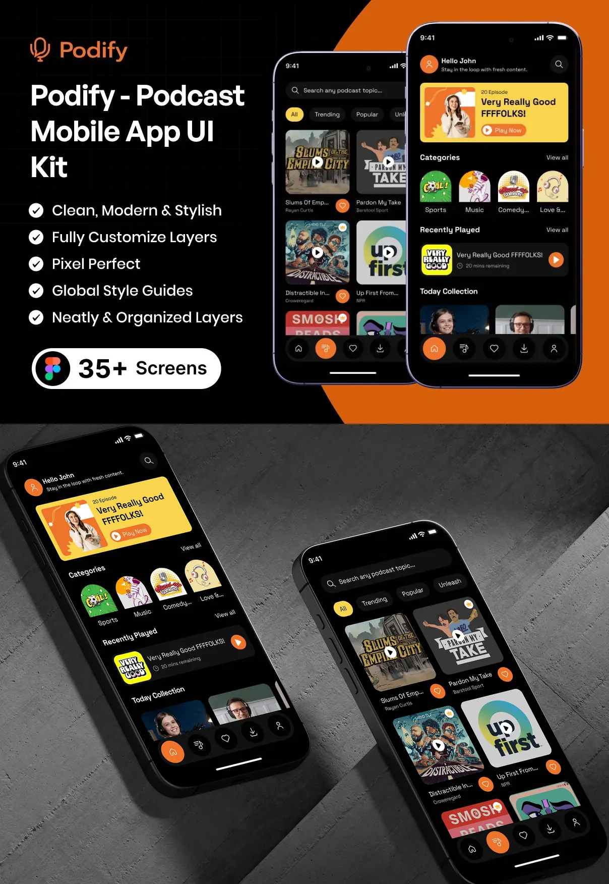 Podify - Podcast Mobile App UI Kit Figma Resources on UI8 - Mansknow - UI Design Resources
